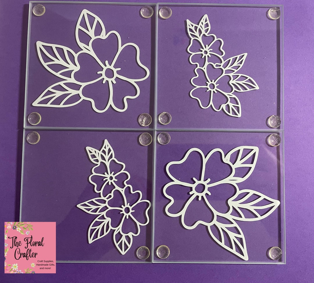 Glass Coasters | Simple Floral Coasters | Vinyl Floral Design - Etsy