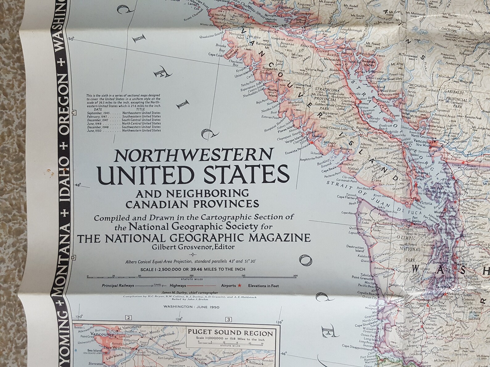 Nice Vintage 1950 Map of Northwestern United States (and Canadian ...