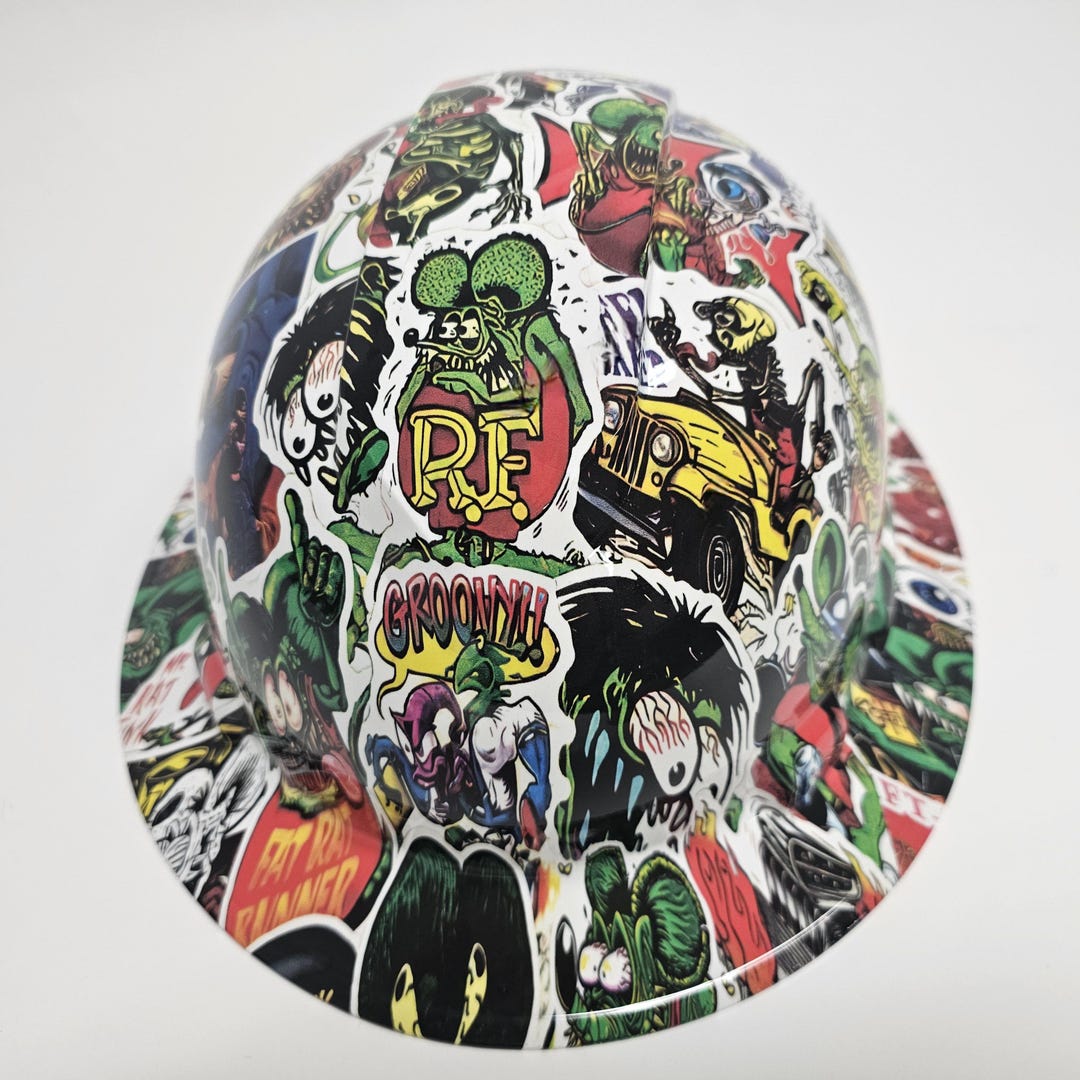Full Brim Hard Hat Custom Hydro Dipped in Rat Fink Hot Rod Sticker Bomb ...