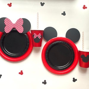 Minnie and Mickey Mouse Birthday Party Plates, Cups, Red Polka Dots Bow ...