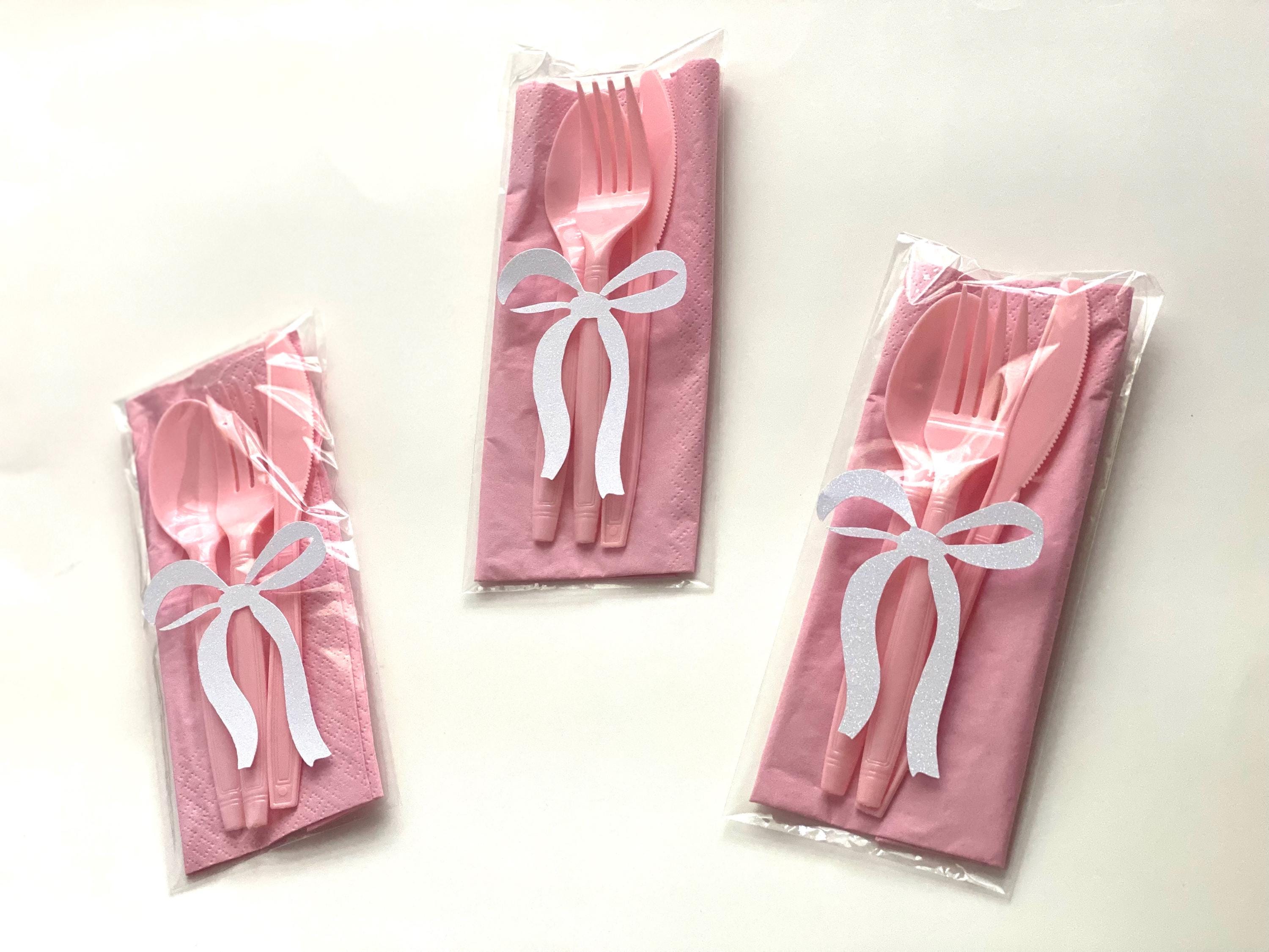Utensils Set With Bow, Party Table, Wrapped Plastic Flatware, Coquette ...