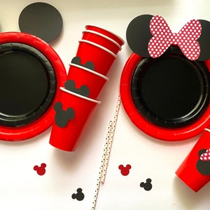 Minnie and Mickey Mouse Birthday Party Plates, Cups, Red Polka Dots Bow ...