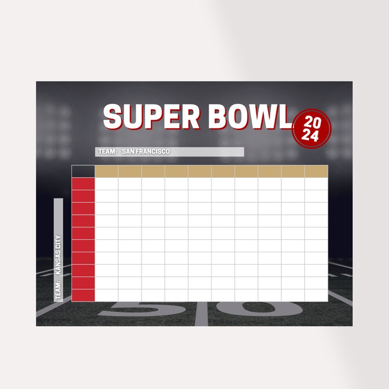 Football Squares Game, PRINTABLE, Super Bowl 2024 Football 100 Squares ...