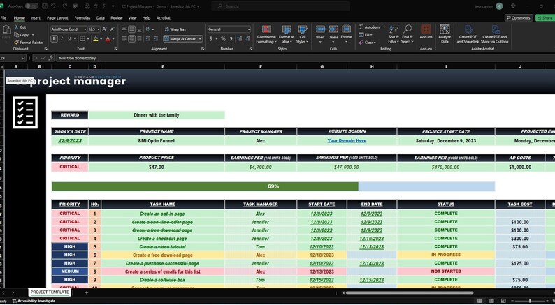 EZ Project Manager: Excel-based Task Manager, Productivity Tool for ...