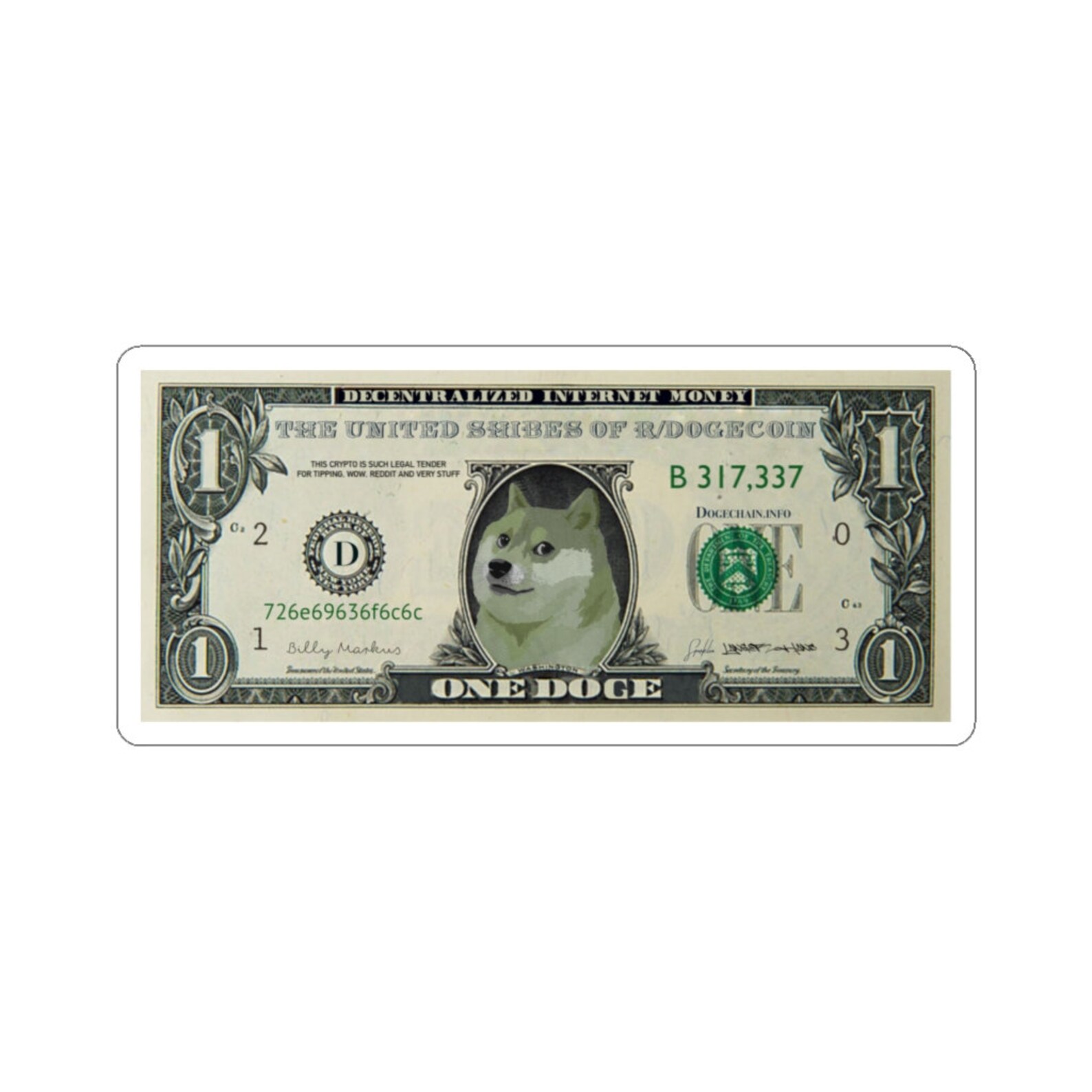 Doge Dollar Bill One Doge Bill Dogecoin Bill Sticker Etsy