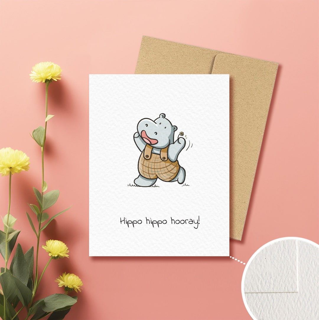 Fun Hippo Birthday Card Hippo Hippo Hooray Cute Illustrated Greeting ...