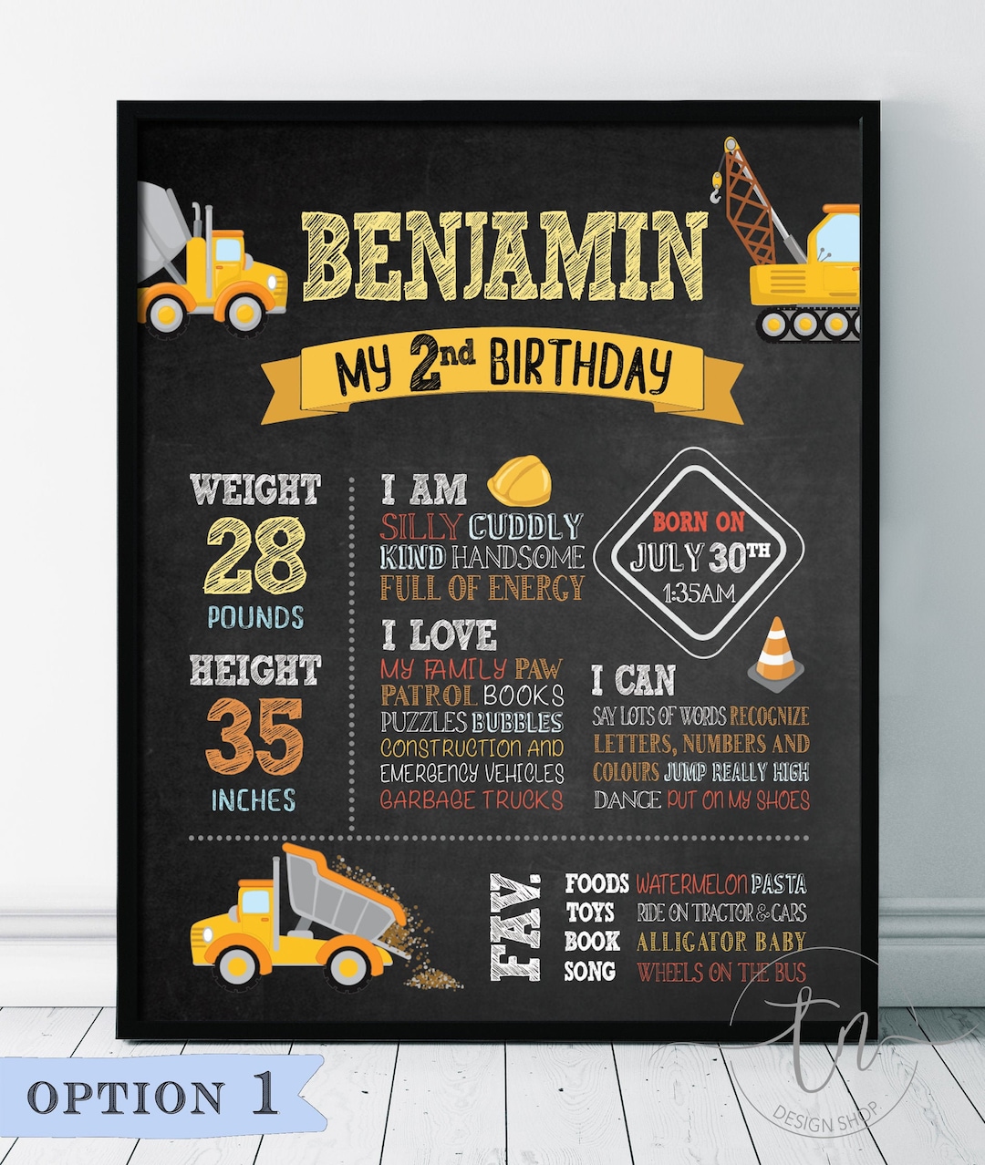 Construction Theme Birthday Board, First Birthday Stats Sign, Milestone ...