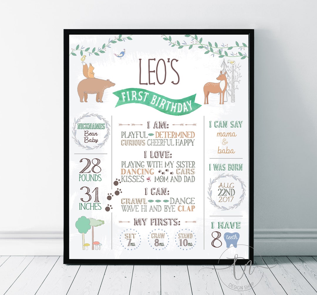 Woodland Animals Birthday Board, Milestone Poster, 1st Birthday Stats ...