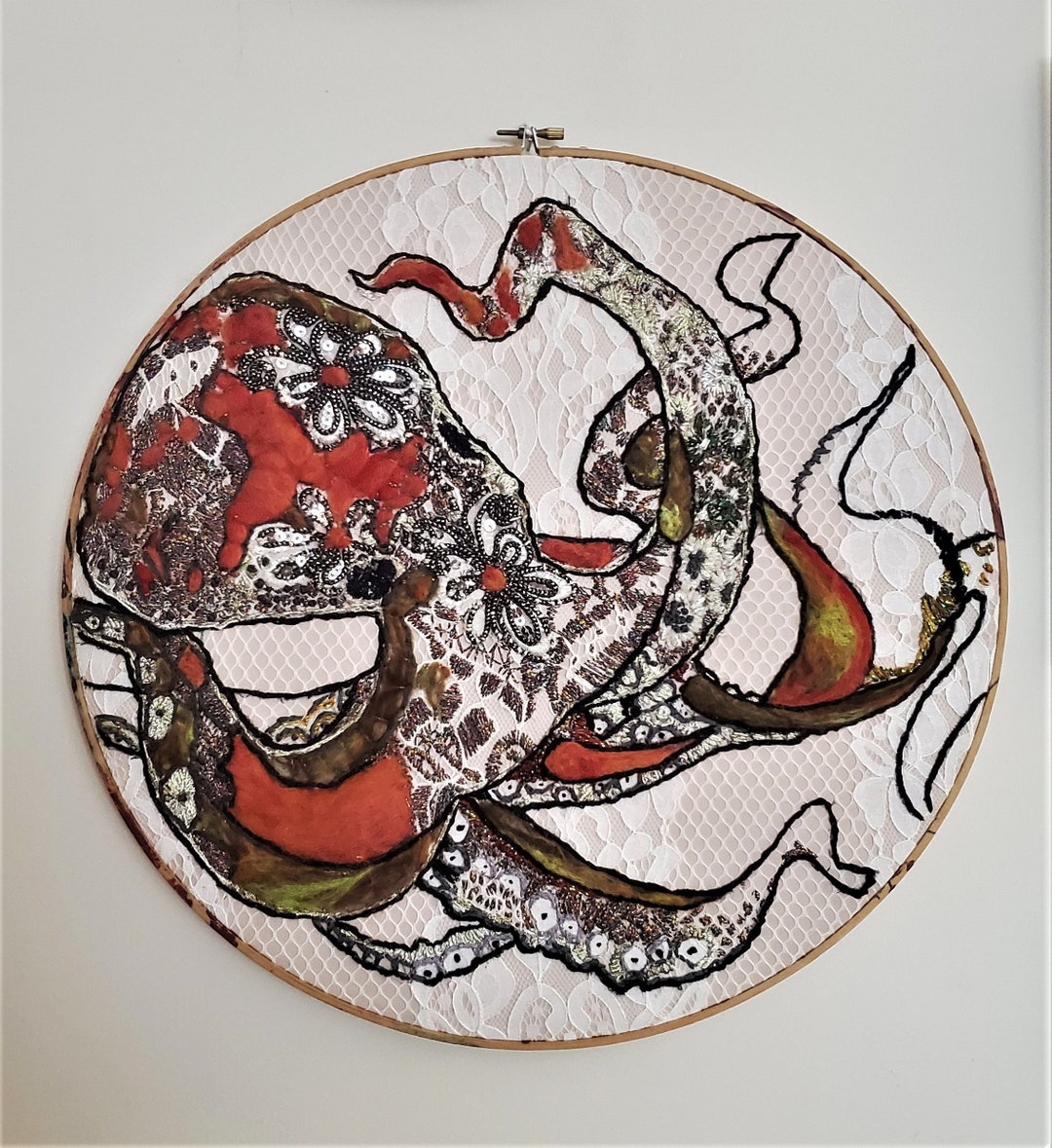 Octopus Hand Embroidered Wall Decor. Mixed Media Textile Art. - Etsy