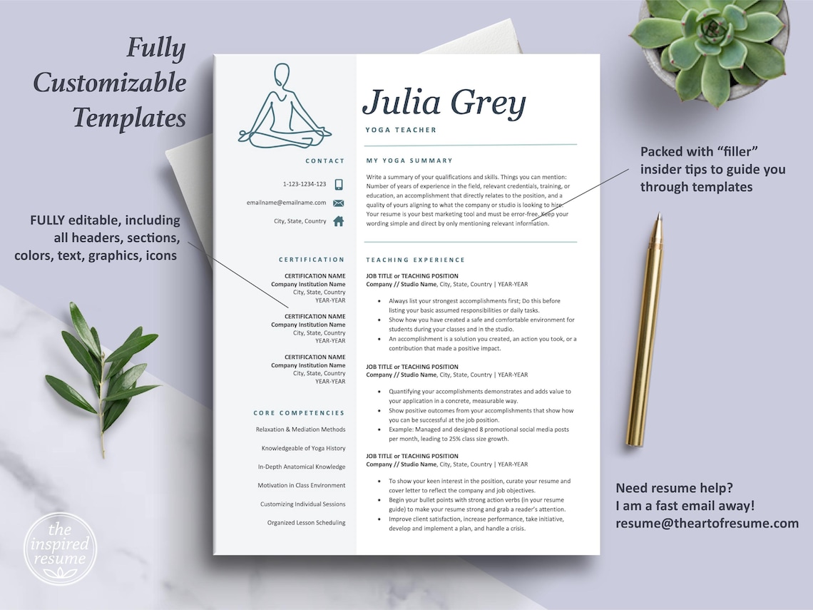 Yoga Resume Template, Yoga Teacher, Yoga Instructor Resume Design, Yoga ...