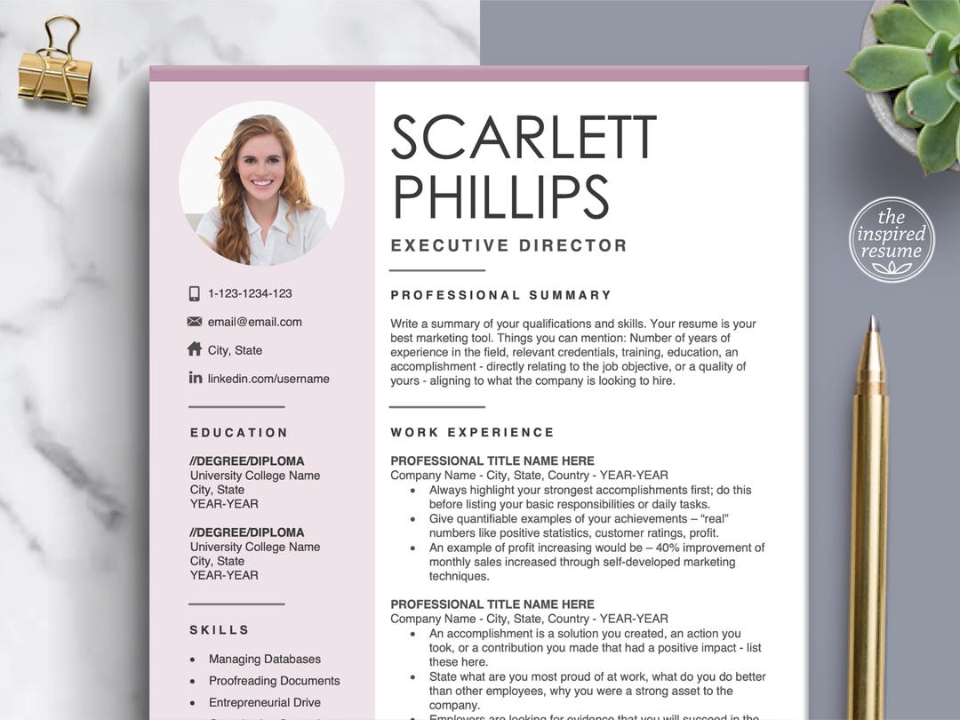 Resume Template With Photo Insert | 1 2 3 Page Resume Cover Letter ...