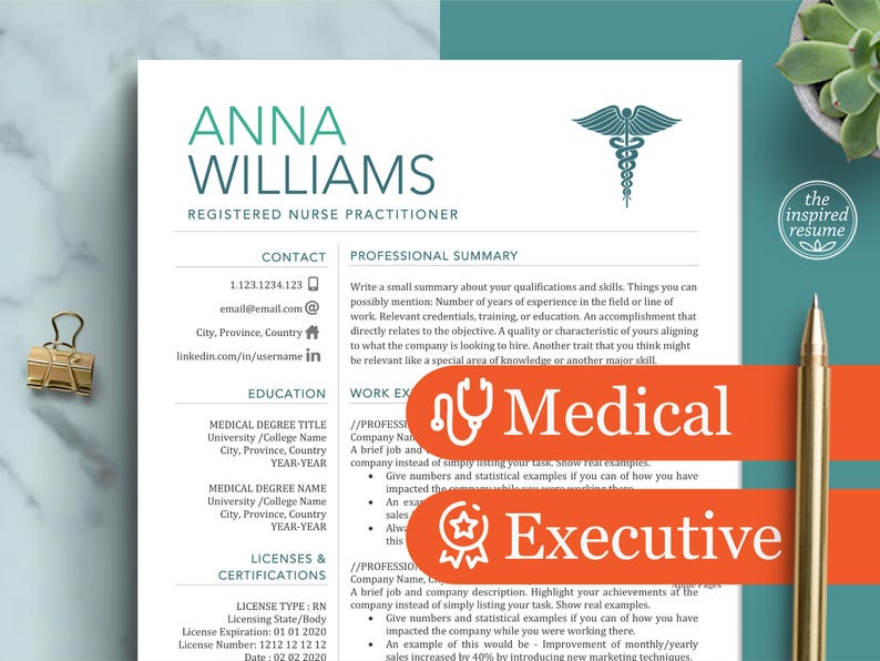 Medical Resume Template, Nurse Resume Template, RN Resume, Healthcare ...