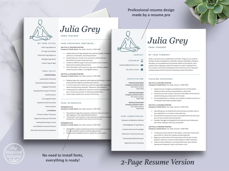 Yoga Resume Template, Yoga Teacher, Yoga Instructor Resume Design, Yoga ...
