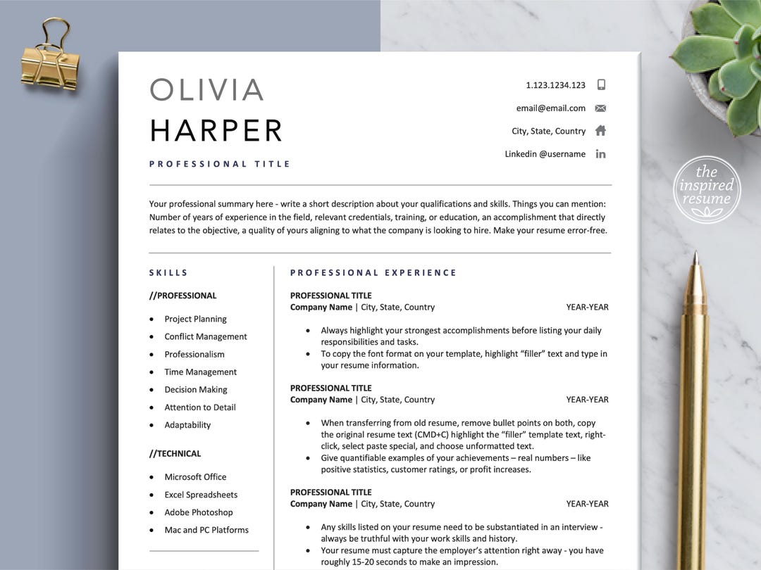 Resume CV Template for MS Word & Apple Pages | 1 2 3 Page Executive ...