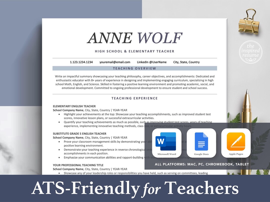 ATS Teacher Resume Template Google Docs, Word, Pages | ATS Friendly ...