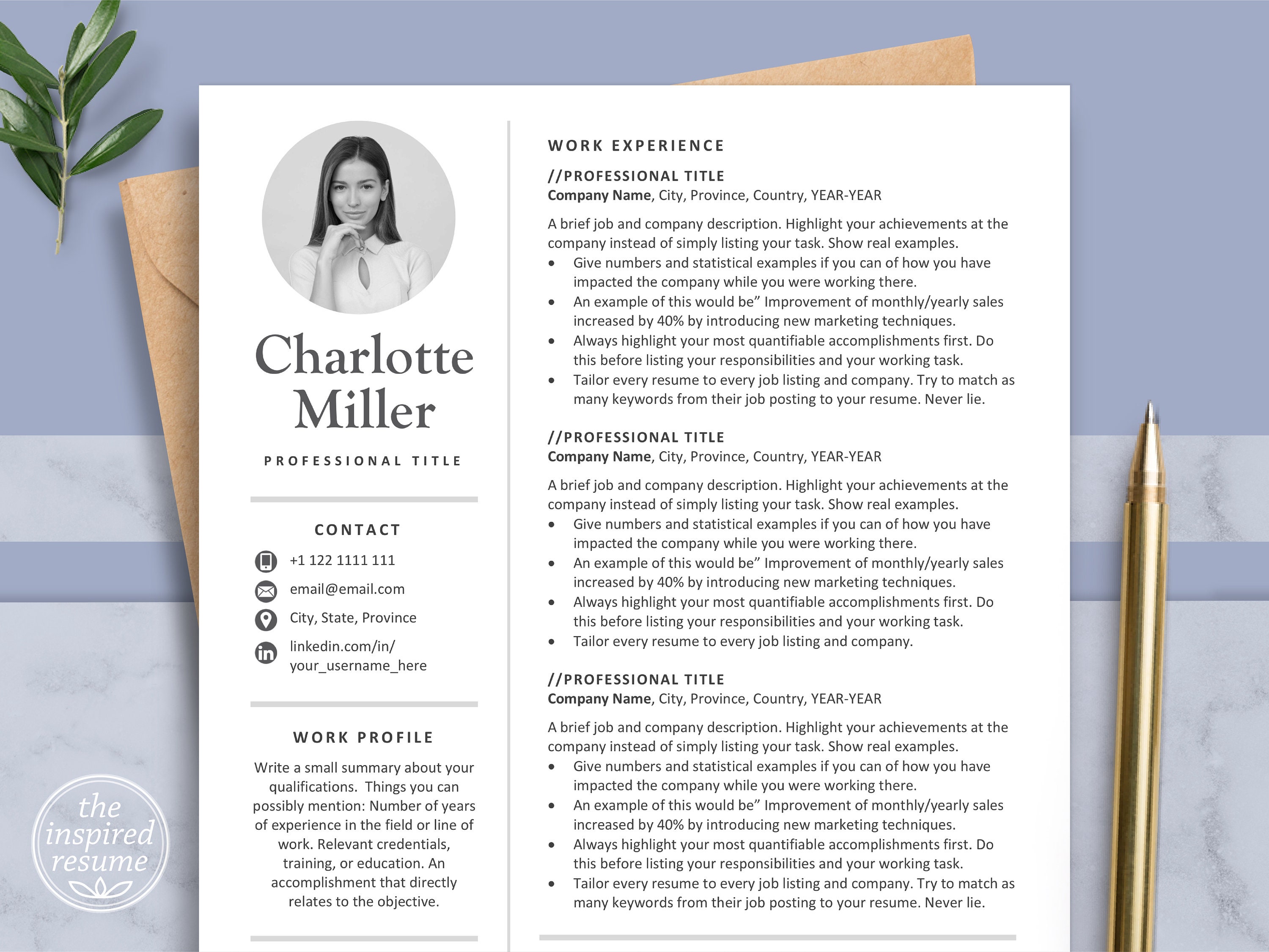 Buy Resume CV Template With Photo Insert Bundle Professional Resume ...