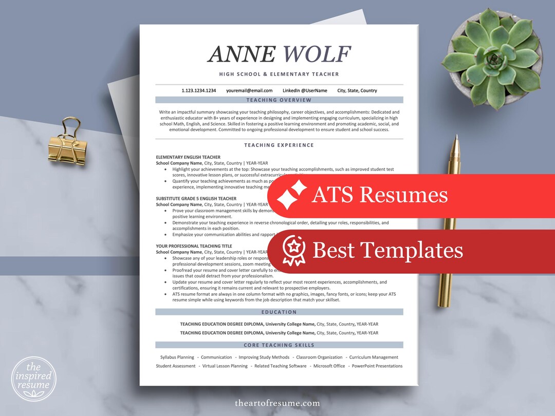 ATS Teacher Resume Template Google Docs, Word, Pages | ATS Friendly ...