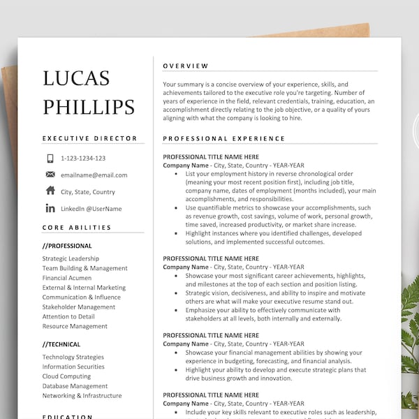 Executive Resume, CV Template, Professional Resume, Resume Template ...