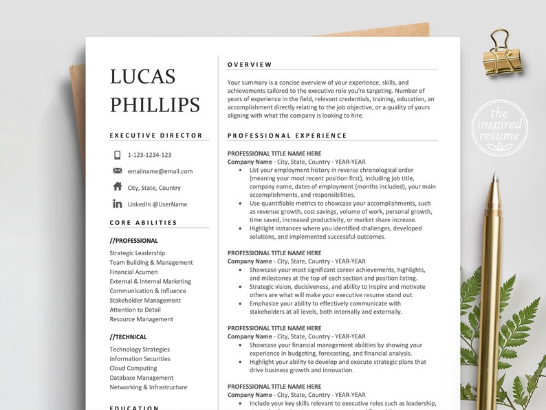 Executive Resume, CV Template, Professional Resume, Resume Template ...
