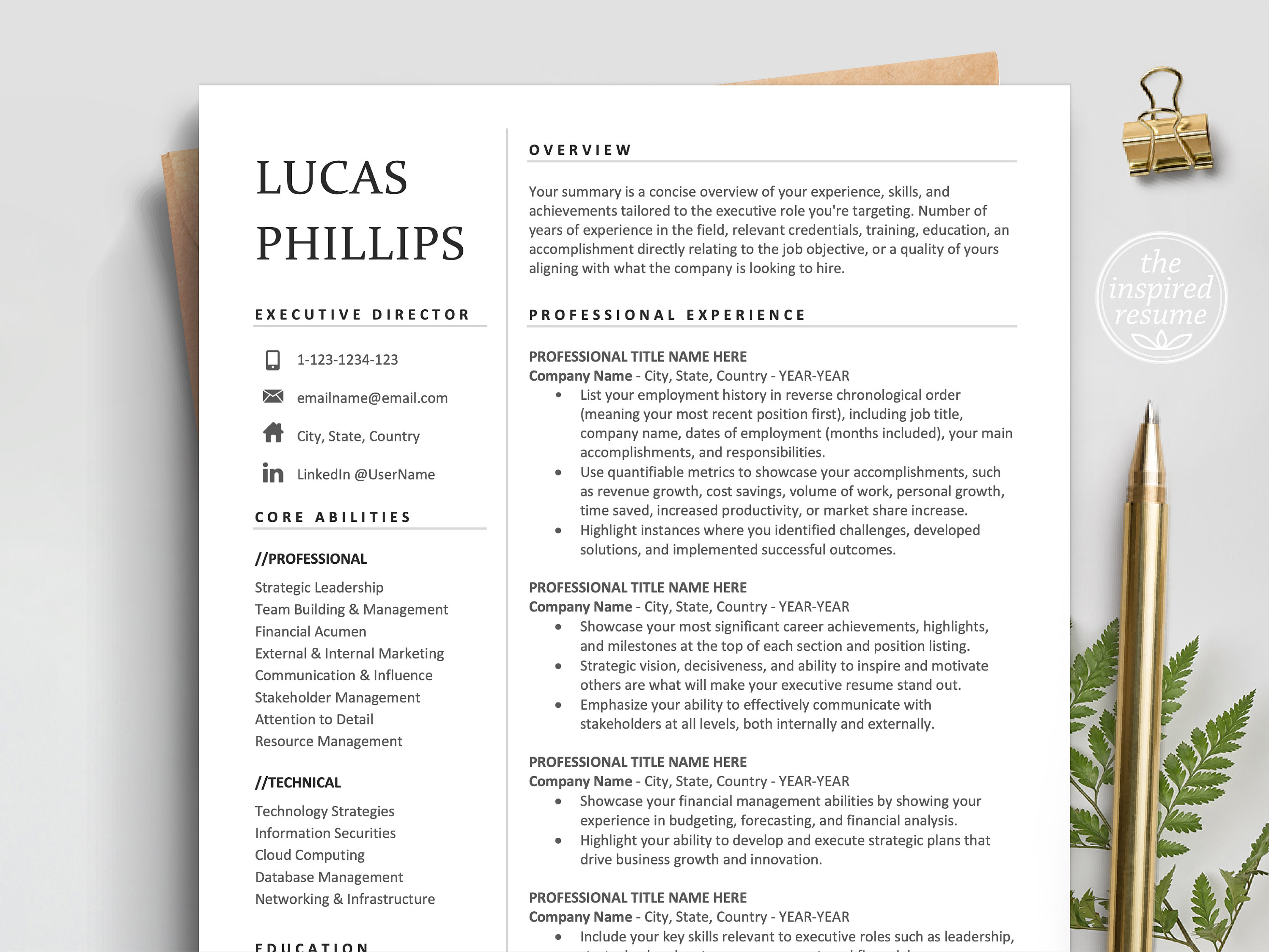 Executive Resume, CV Template, Professional Resume, Resume Template ...