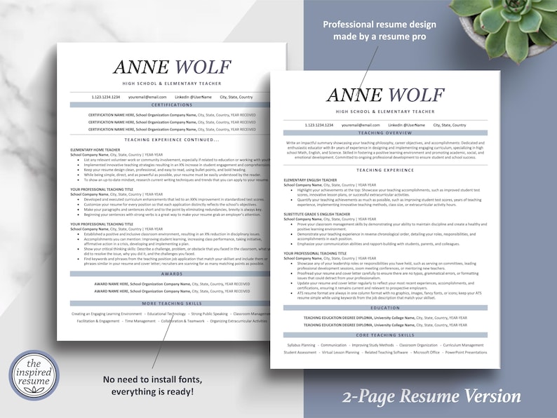 ATS Teacher Resume Template Google Docs, Word, Pages | ATS Friendly ...