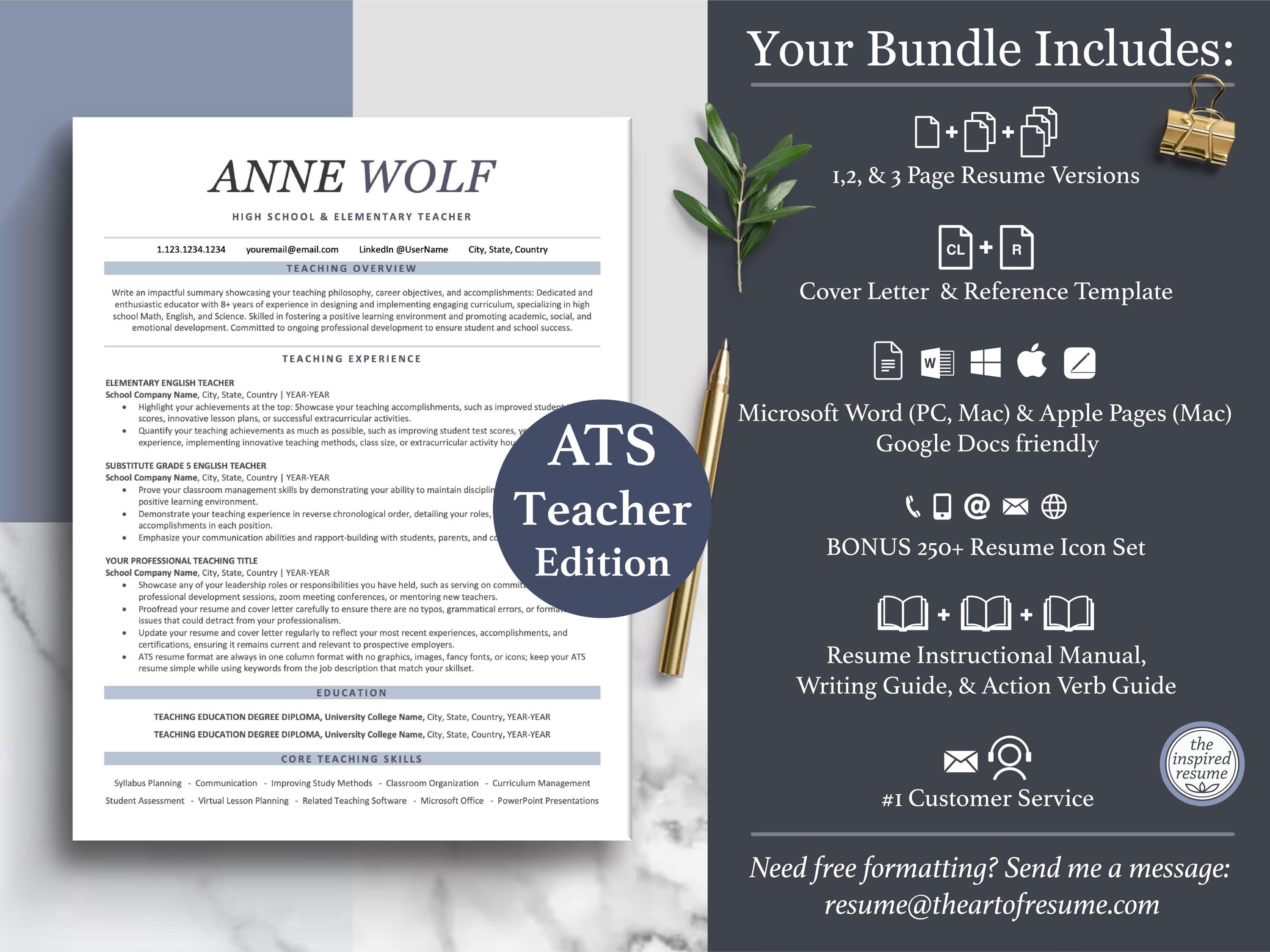 ATS Teacher Resume Template Google Docs, Word, Pages | ATS Friendly ...