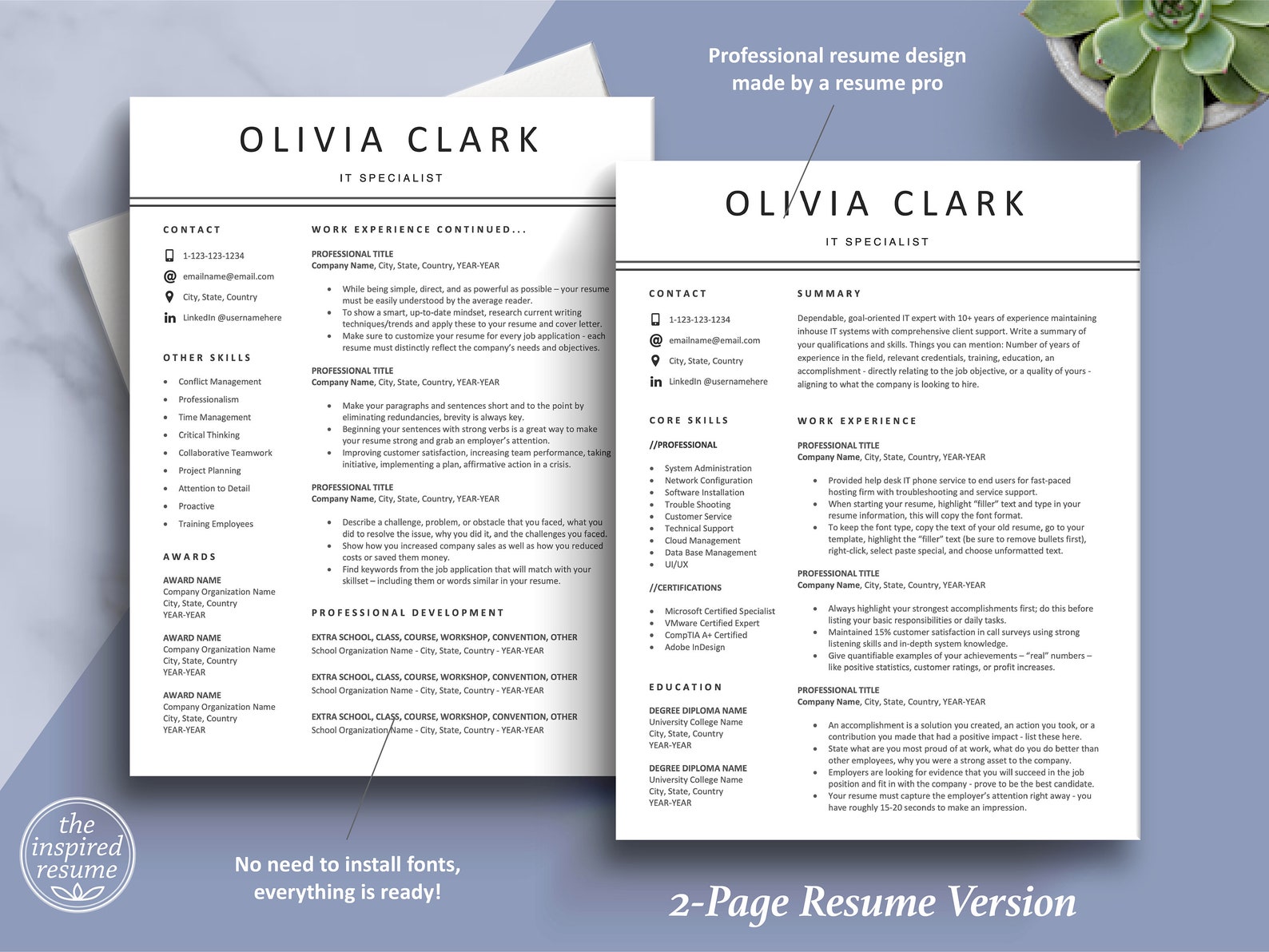 Minimalist Resume Template Word & Mac Pages Professional Resume Instant ...