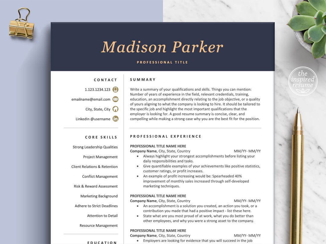 Navy Blue Resume Template for Word & Mac Pages Executive Resume ...