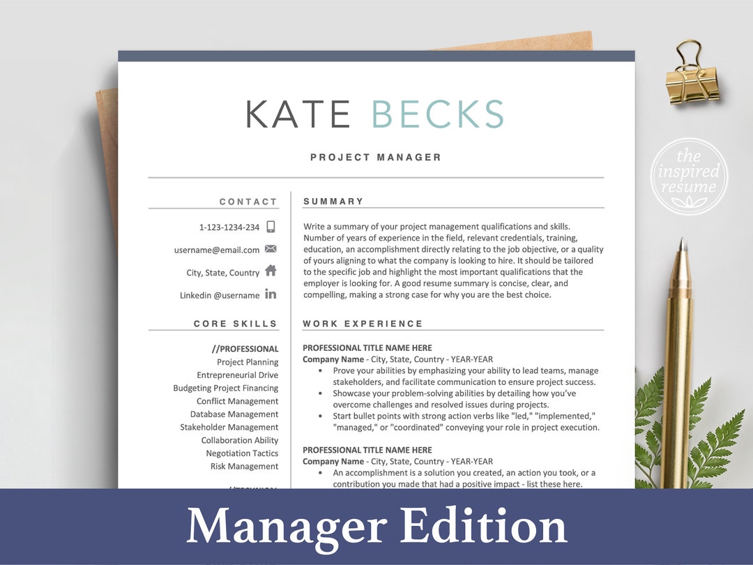 Manager CV Resume Template for Word & Mac Pages, Professional Resume ...