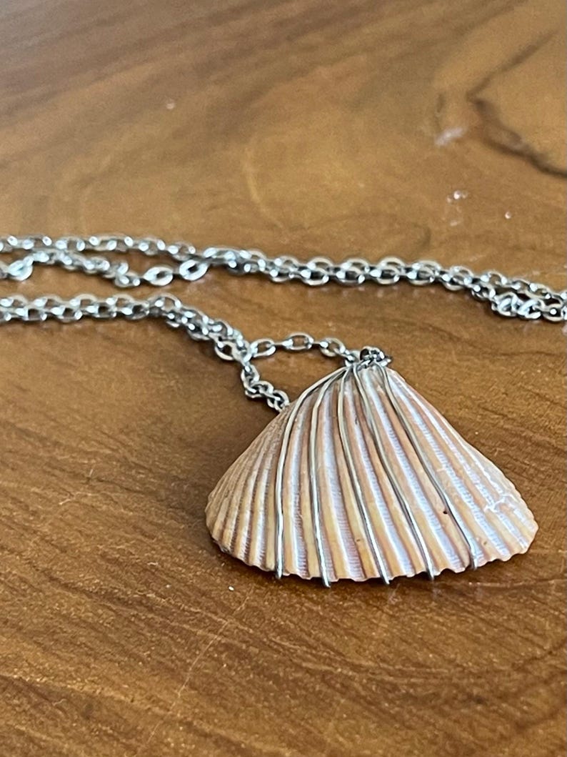 Coral Orange Pierced Transverse Ark Shell Necklace With Silver Foraged ...