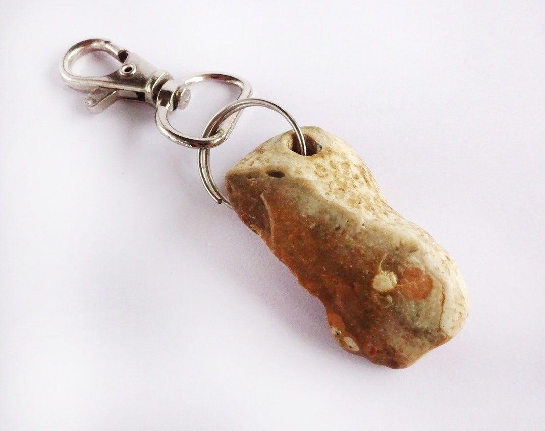 Key Ring, Natural Stone, Odin Stone, Hag Stone, Grey, Beige, Metal ...