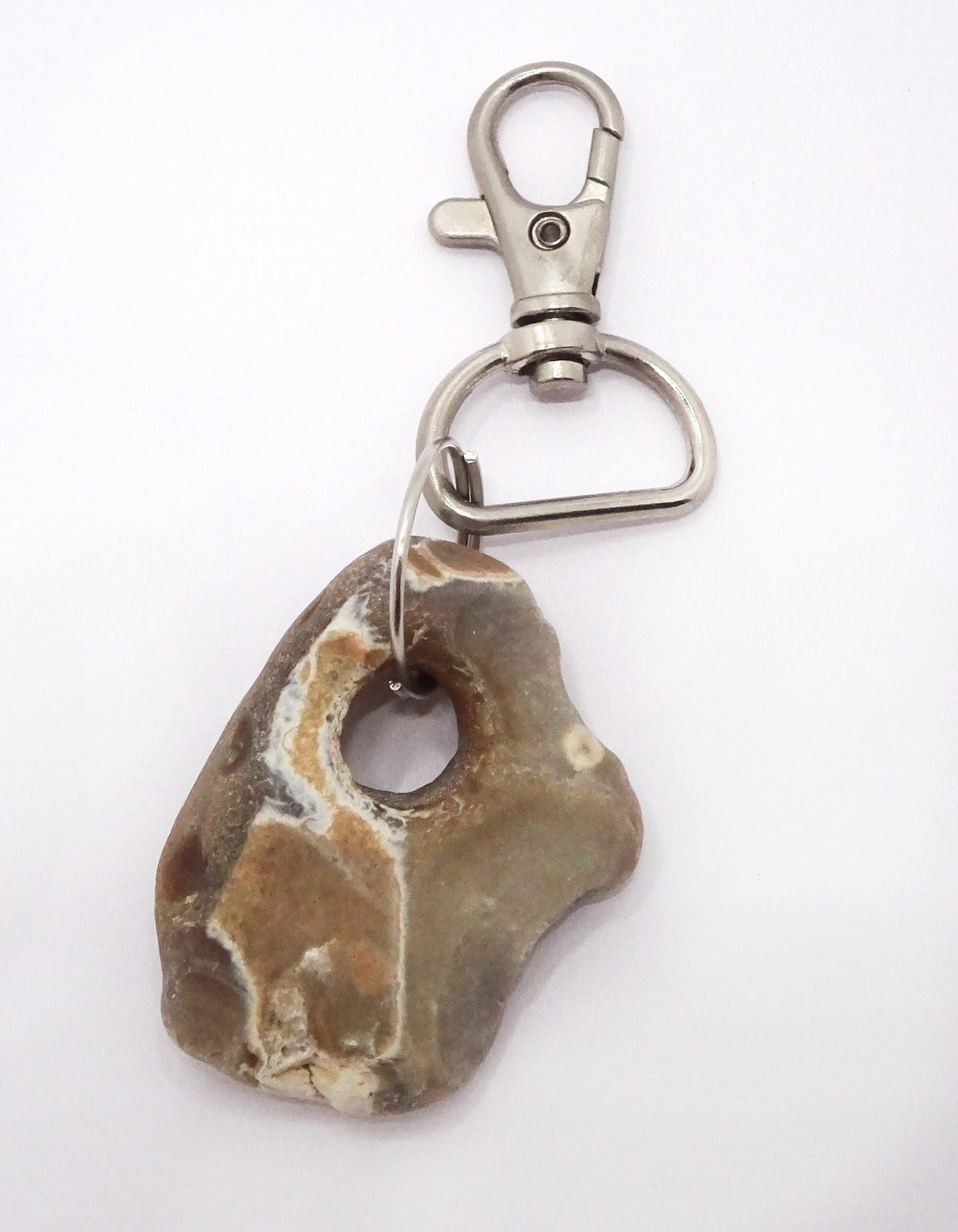 Key Ring Made of Natural Stone, Hag Stone, Odin Stone, Metal Holder ...
