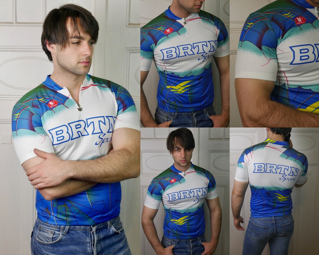 Biking Shirt, 90s European Vintage Blue & White Short Sleeve Cycling ...