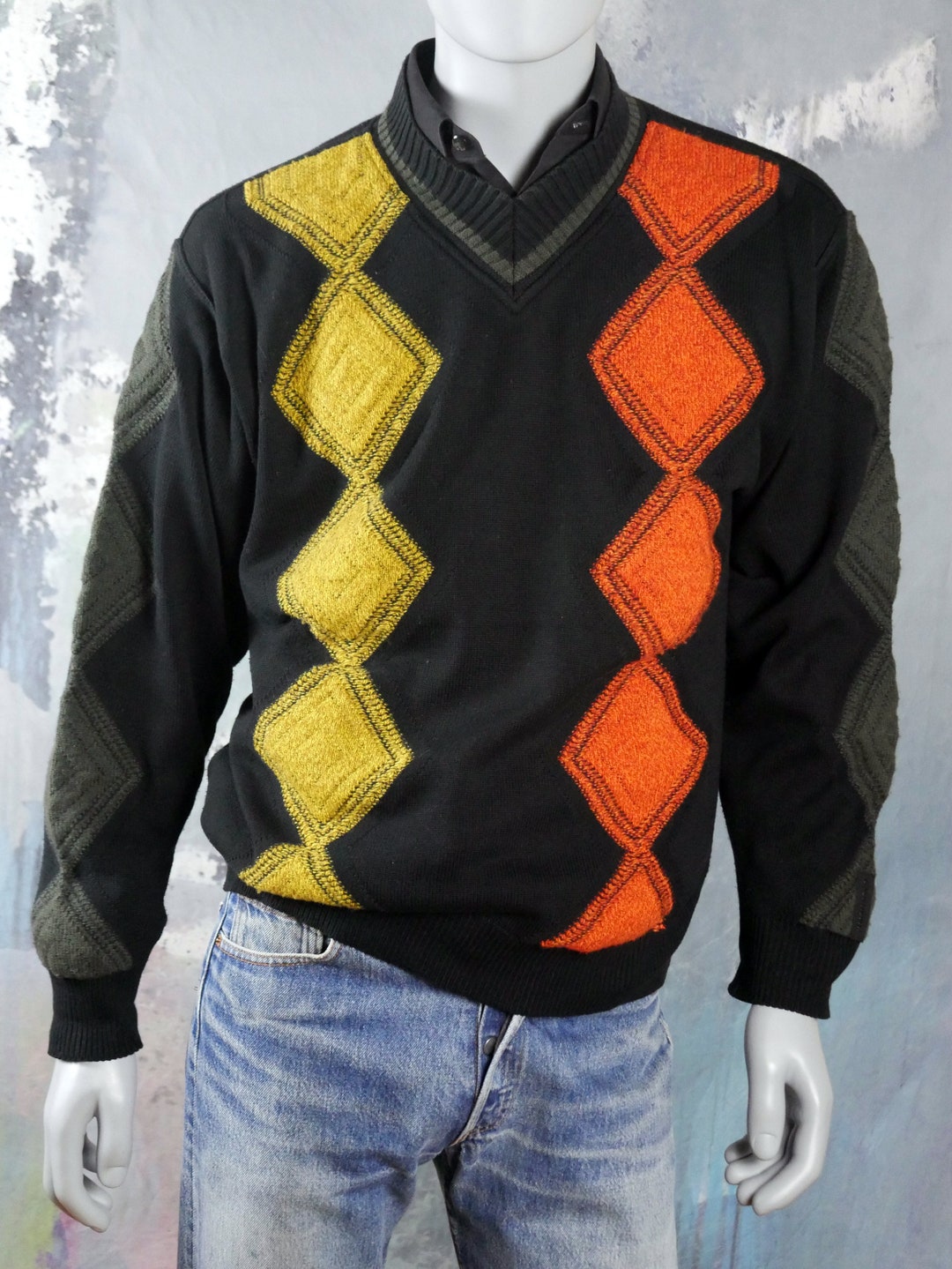 1980s Vintage Sweater, Black Knit Pullover With Orange Gold and Gray ...