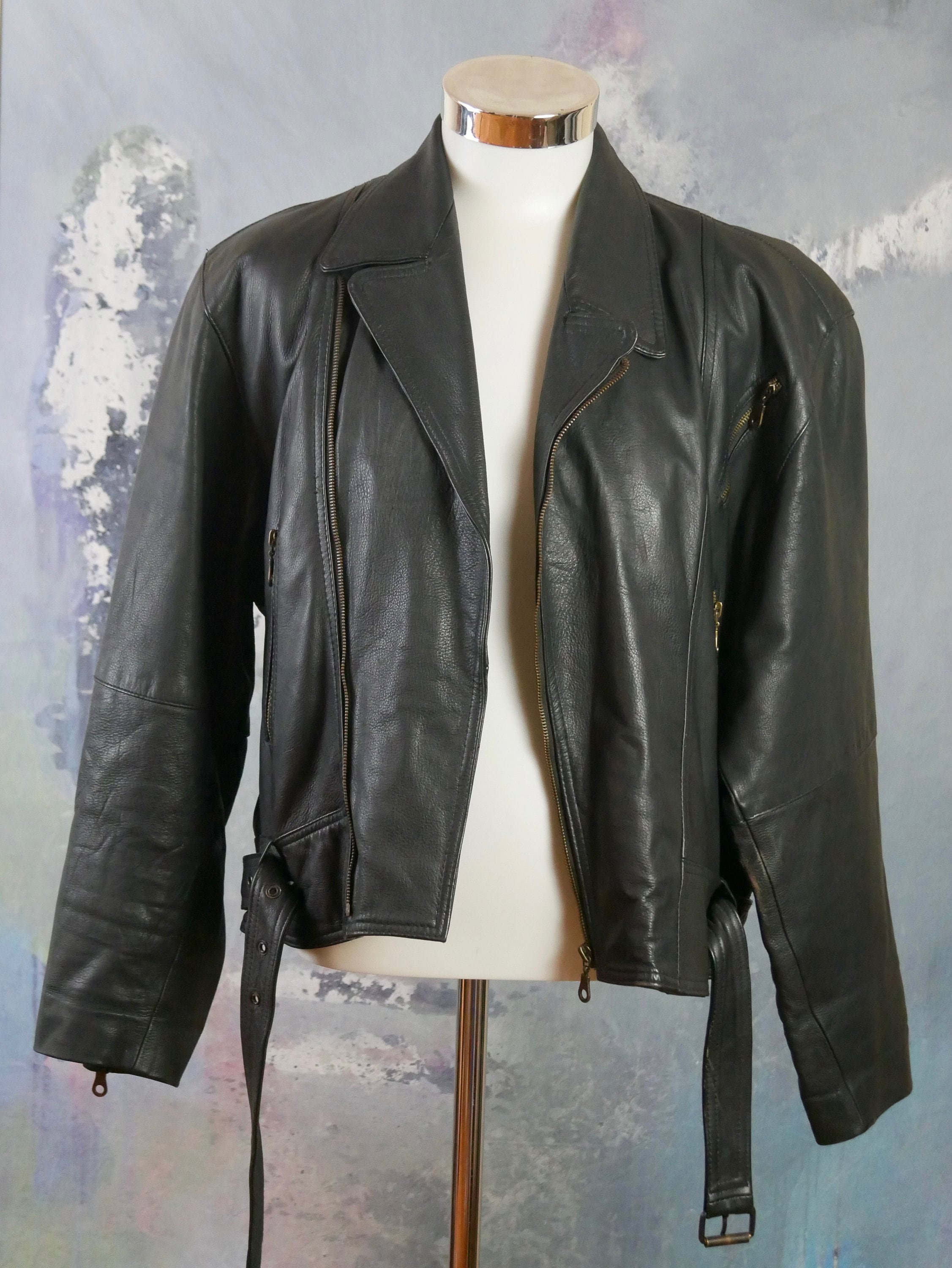Black Leather Biker Jacket, 1980s European Vintage Zip up Black Leather Biker Jacket, 1980s European Vintage Zip up
