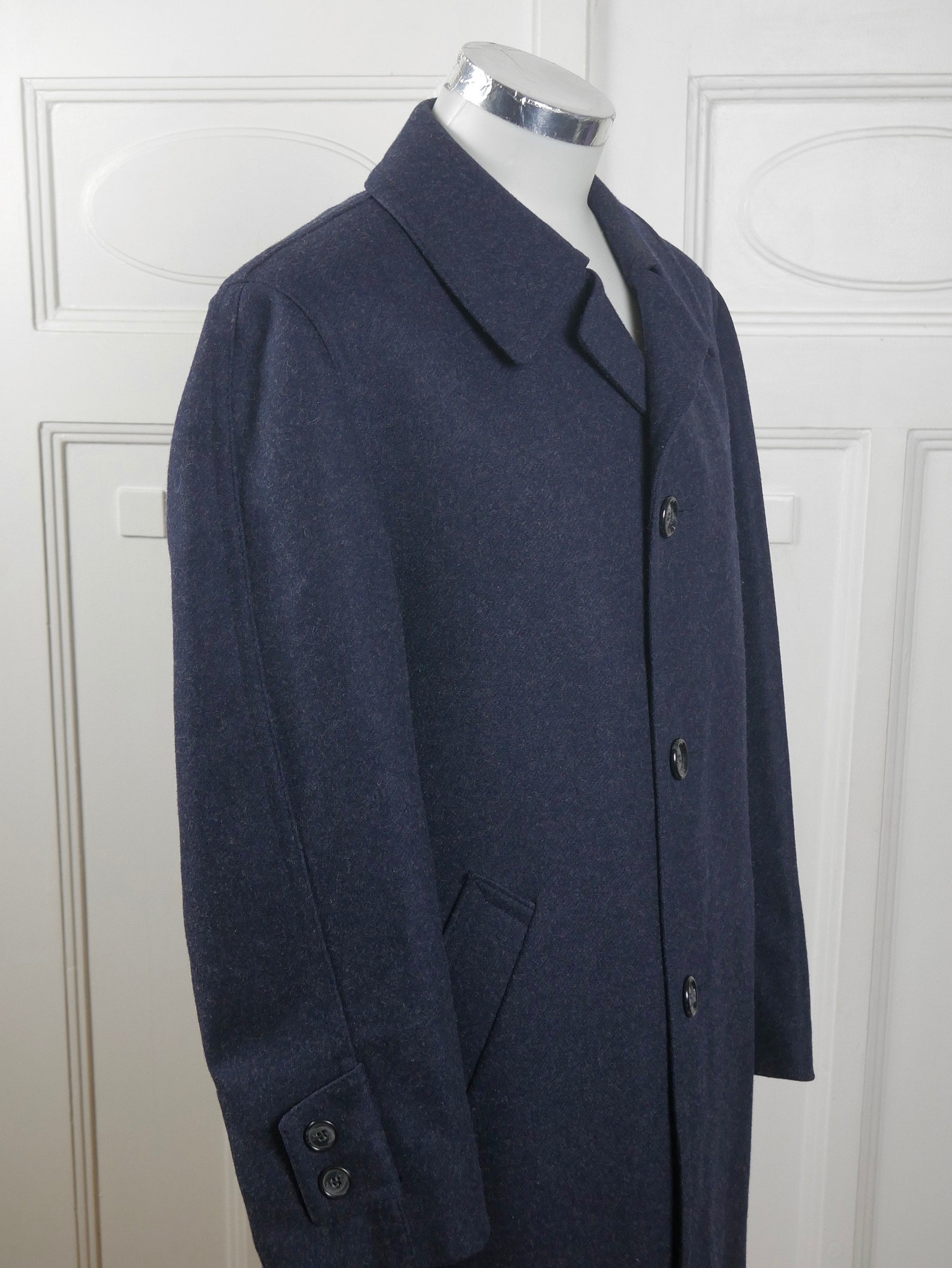 Blue Wool Overcoat, Men's German Vintage Classic 1980s Wall Street Coat ...