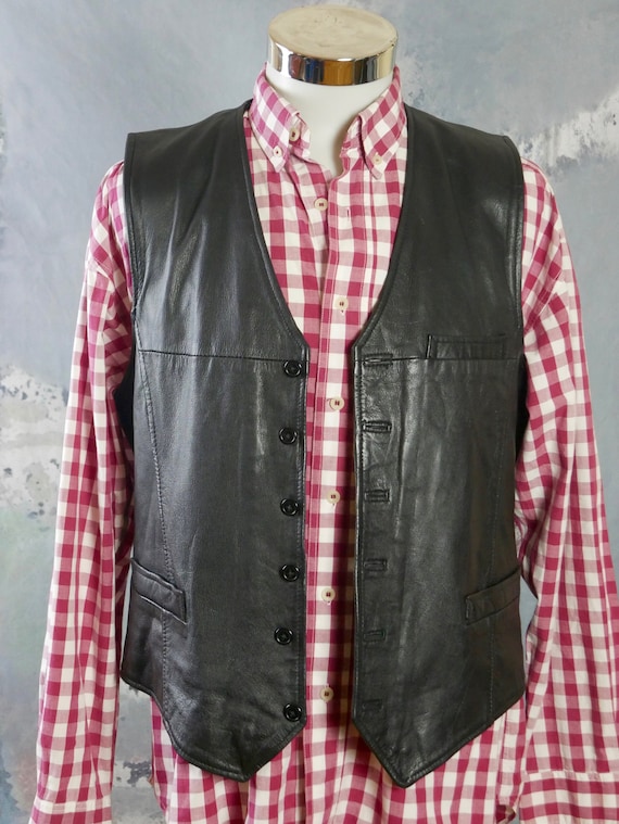1990s Black Leather Vest, Swedish Vintage Pointed-Fro… - Gem