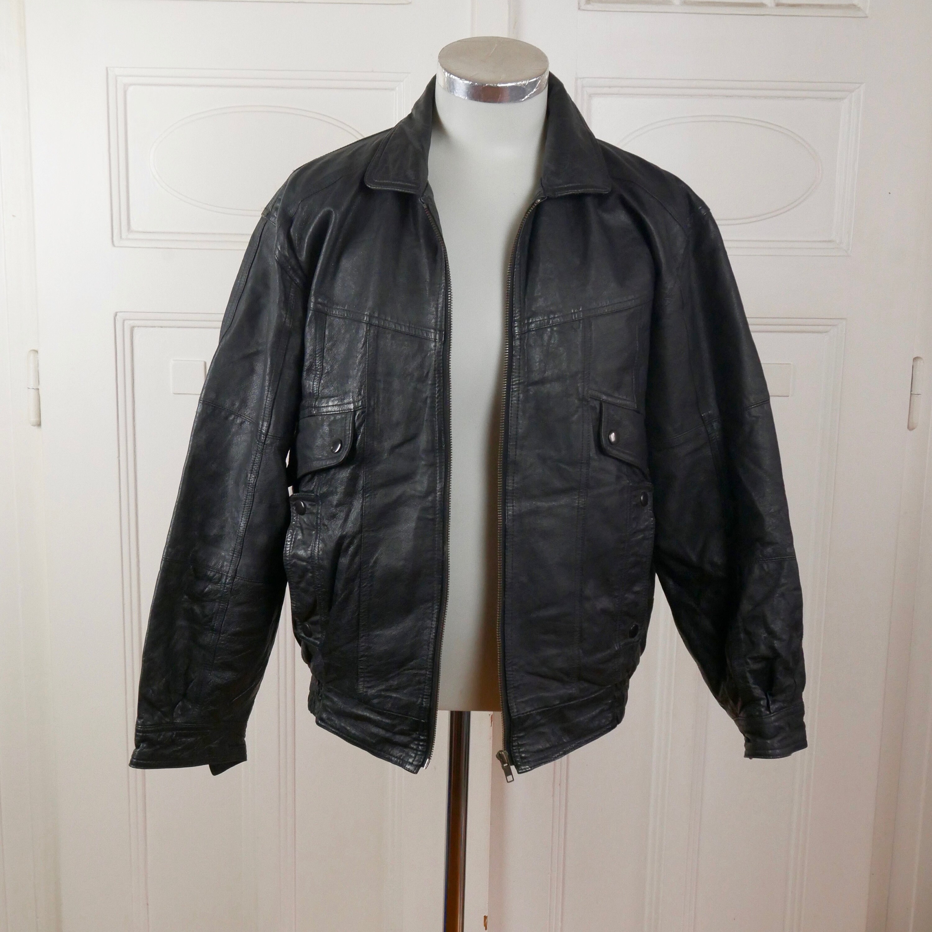 1980s Black Leather Bomber Jacket, Vintage Zippered Motorcycle Jacket ...