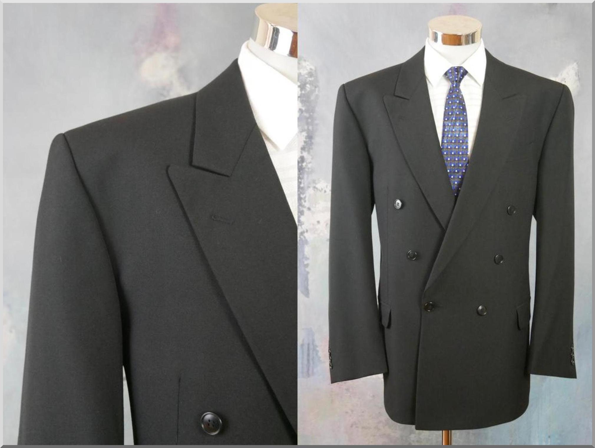 44R Black Double-Breasted Blazer with Peak Lapels European | Etsy