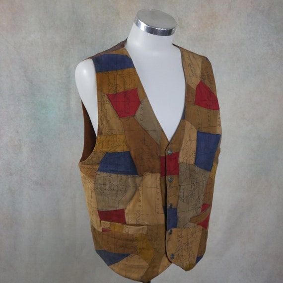 Tan Leather Vest with World Map Pattern, 90s Vintage … - Gem