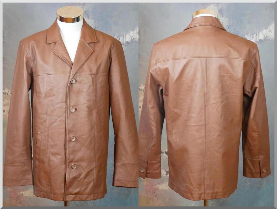 1990s Brown Leather Jacket, German Vintage Retro Single-breasted Long ...