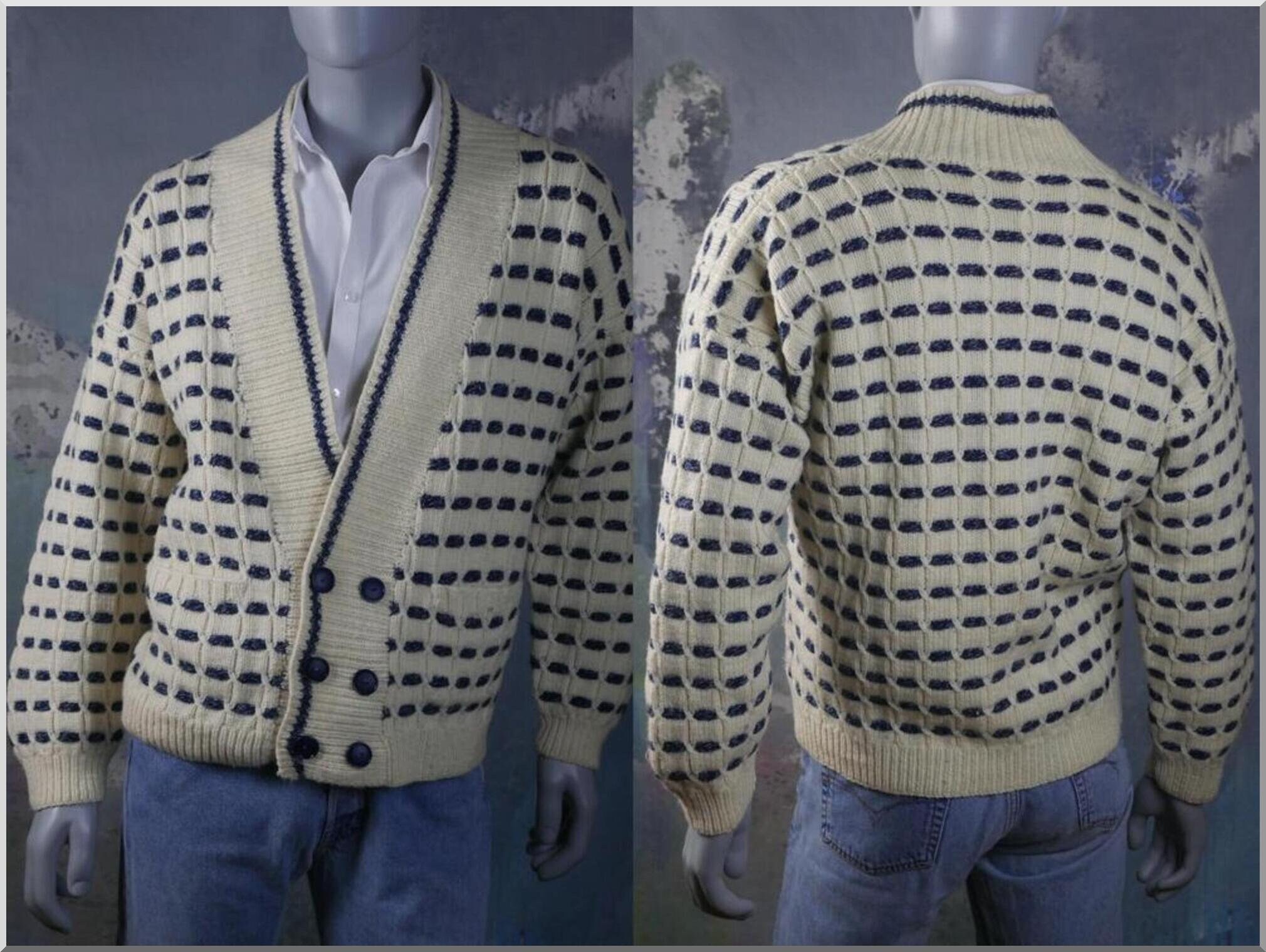 Wool Knit Cardigan European Vintage Cream & Navy Blue - Etsy