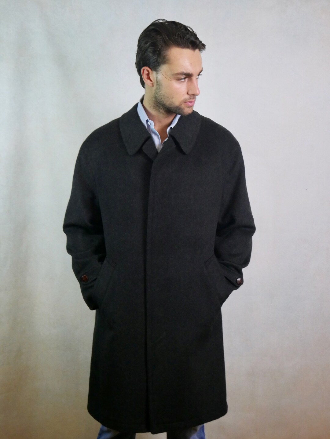 90s Vintage Black Loden Wool Coat, Mens European Overcoat, Size Extra ...