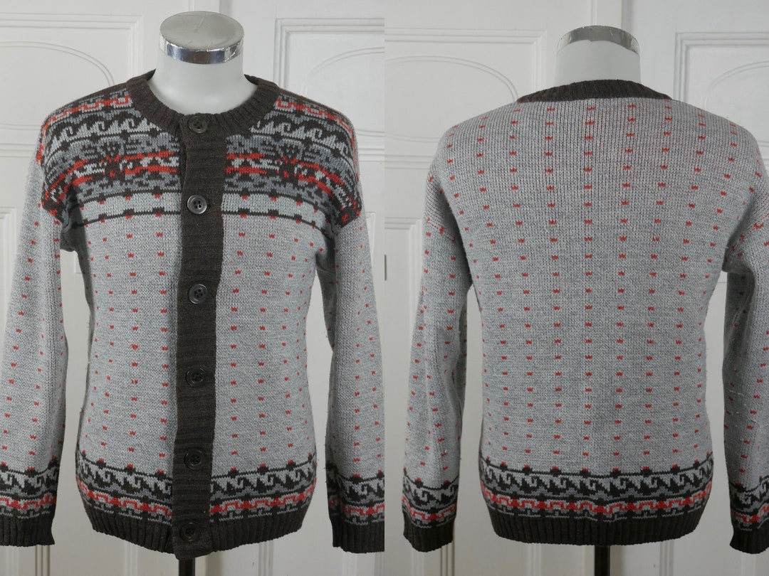 European Vintage Knit Cardigan, Gray Brown & Rust Orange Button-up ...