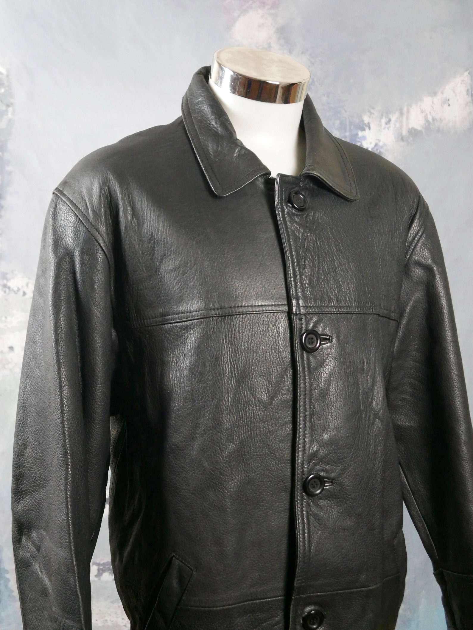 1990s Black Leather Coat, Retro Genuine Leather Jacket: Size 46S US/UK ...