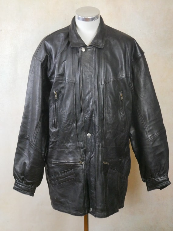 Black Leather Coat, 90s European Vintage Retro Genuin… - Gem