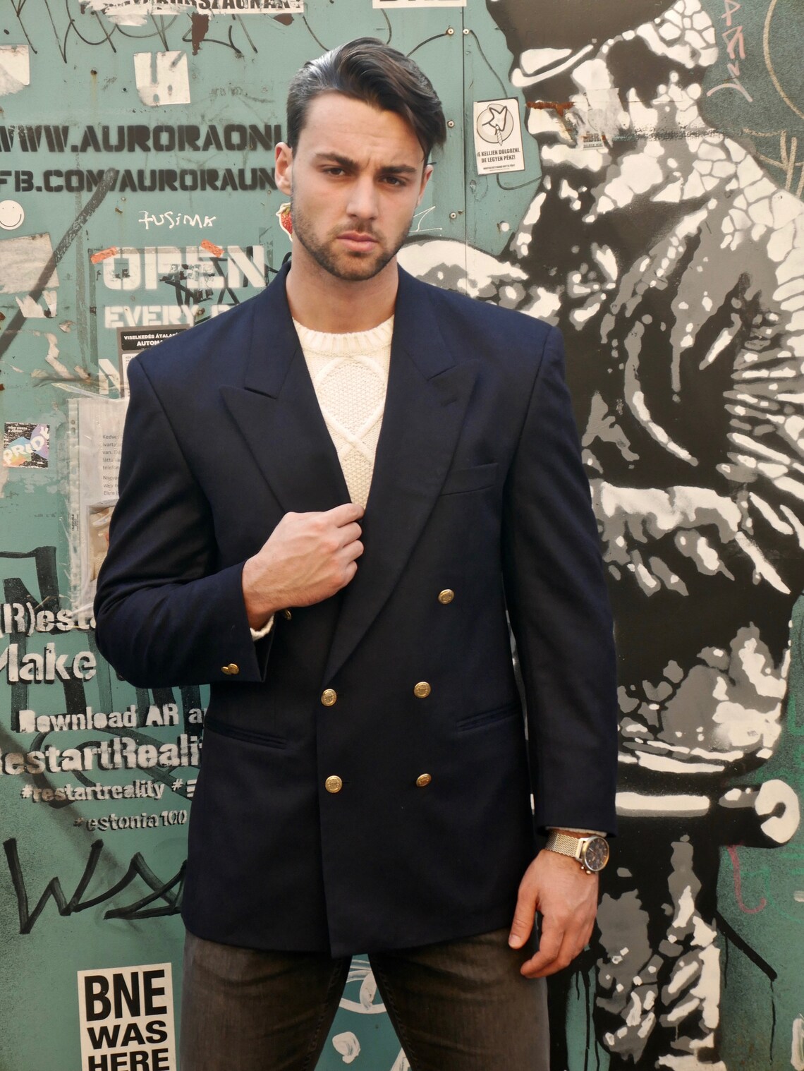 Navy Blue Double-Breasted Blazer European Vintage Wool Jacket | Etsy