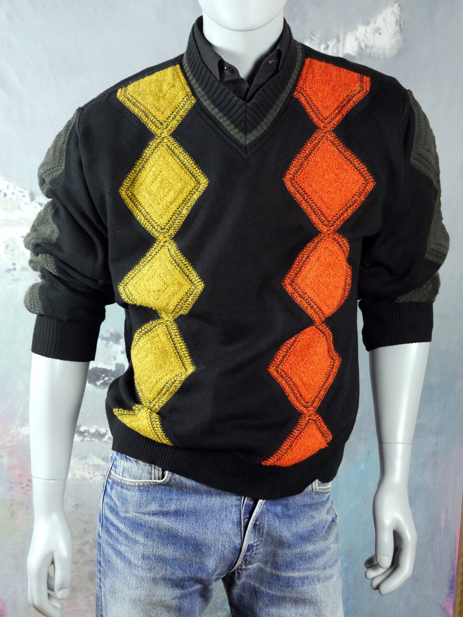 1980s Vintage Sweater, Black Knit Pullover With Orange Gold and Gray ...