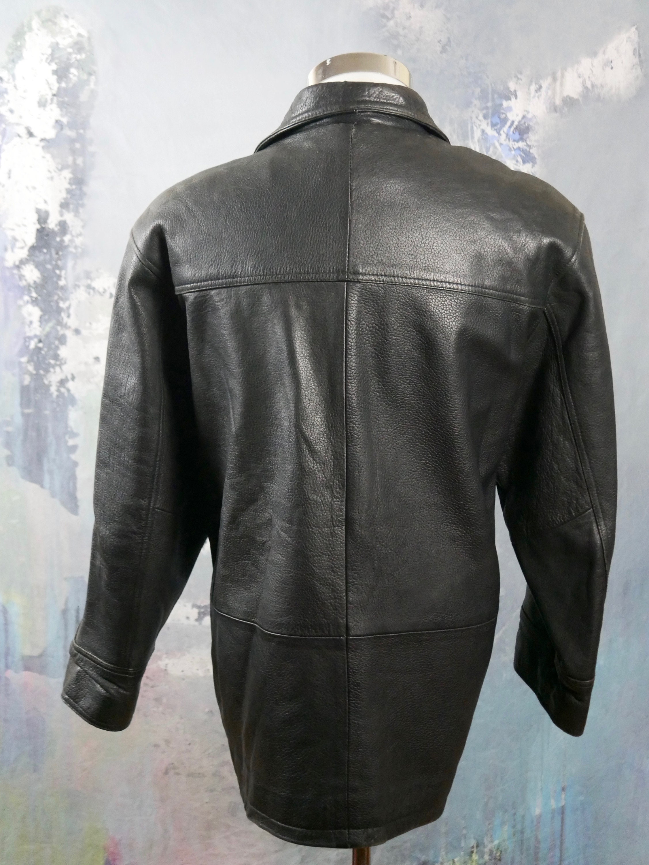 1990s Black Leather Coat, Retro Genuine Leather Jacket: Size 46S US/UK ...
