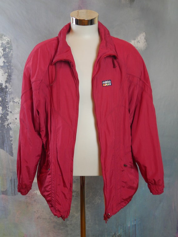 Red Nylon Jacket, 1990s European Vintage Zippered Ruk… - Gem